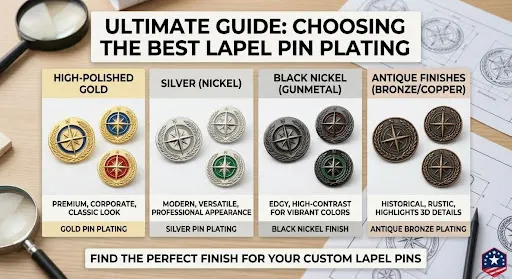 Best Lapel Pin Plating Types: Gold, Silver, Nickel, & Bronze